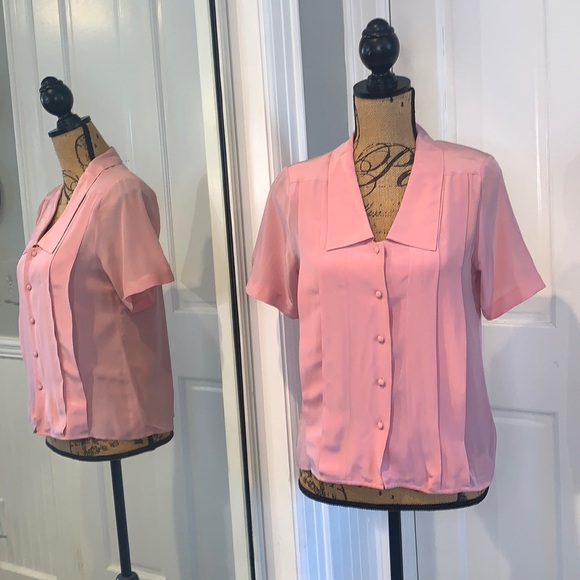 Royal Silk | Tops | Vintage Blush Pink Pleated Button Down Silk Satin Blouse With Johnny Collar ...